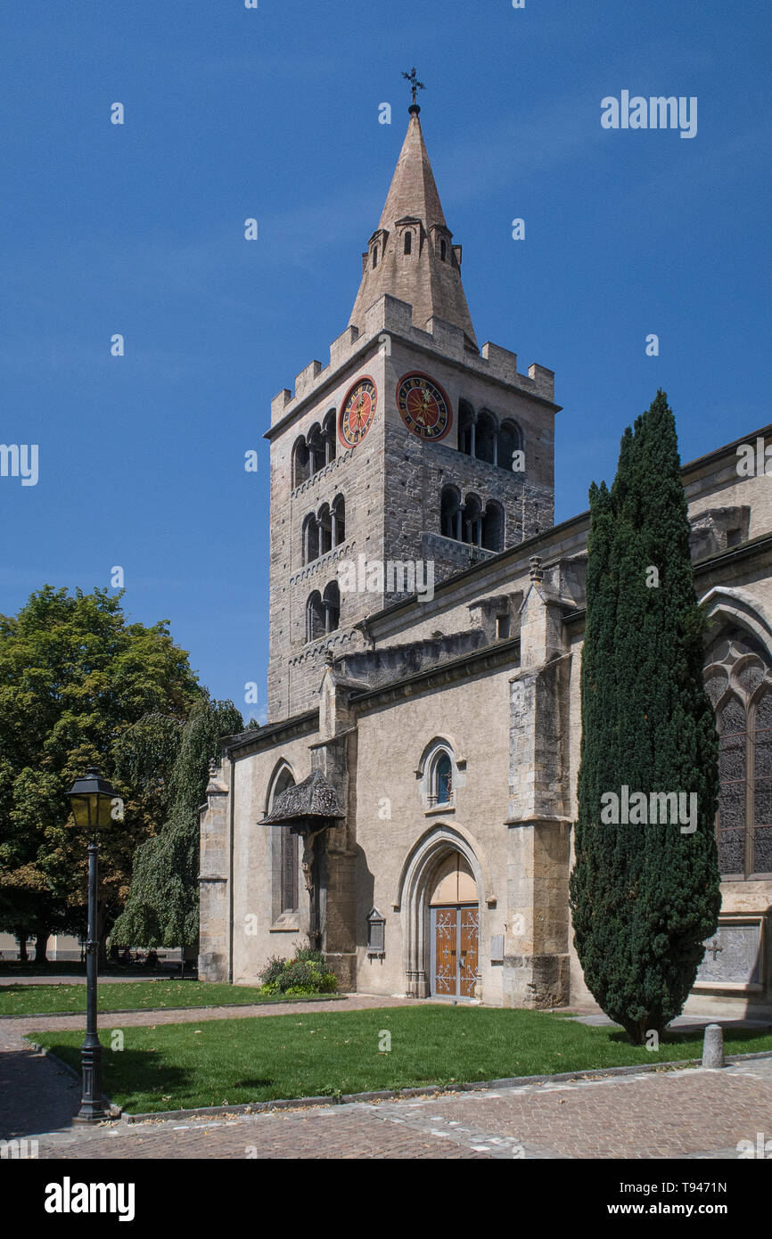 Sion, Switzerland - August 2, 2017; Orignal West Tower of the Cathedral ...