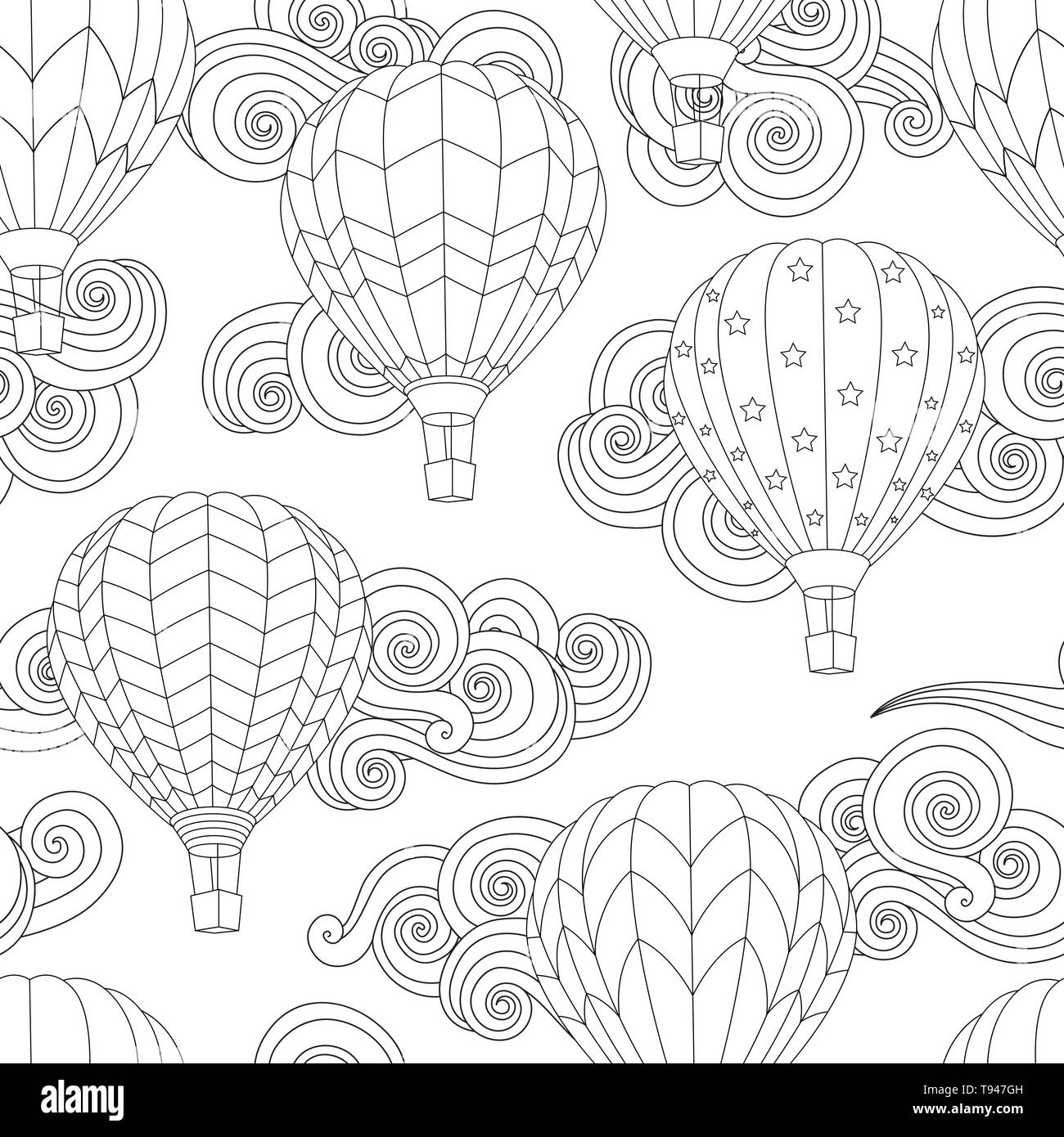 Seamless pattern with image of Hot air balloon in zentangle inspired doodle style isolated on ...