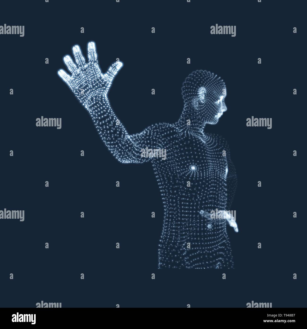 Vector man with hand up to stop. Human showing stop gesture. 3D model ...