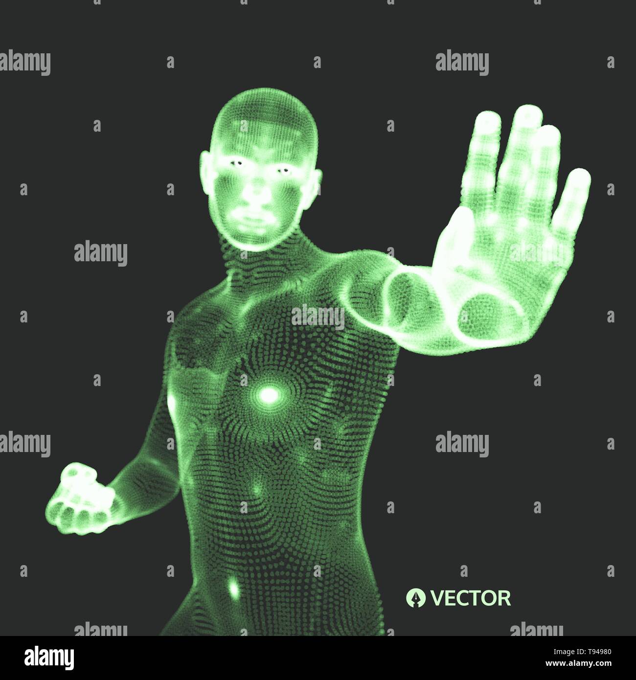 Vector man with hand up to stop. Human showing stop gesture. 3D model ...