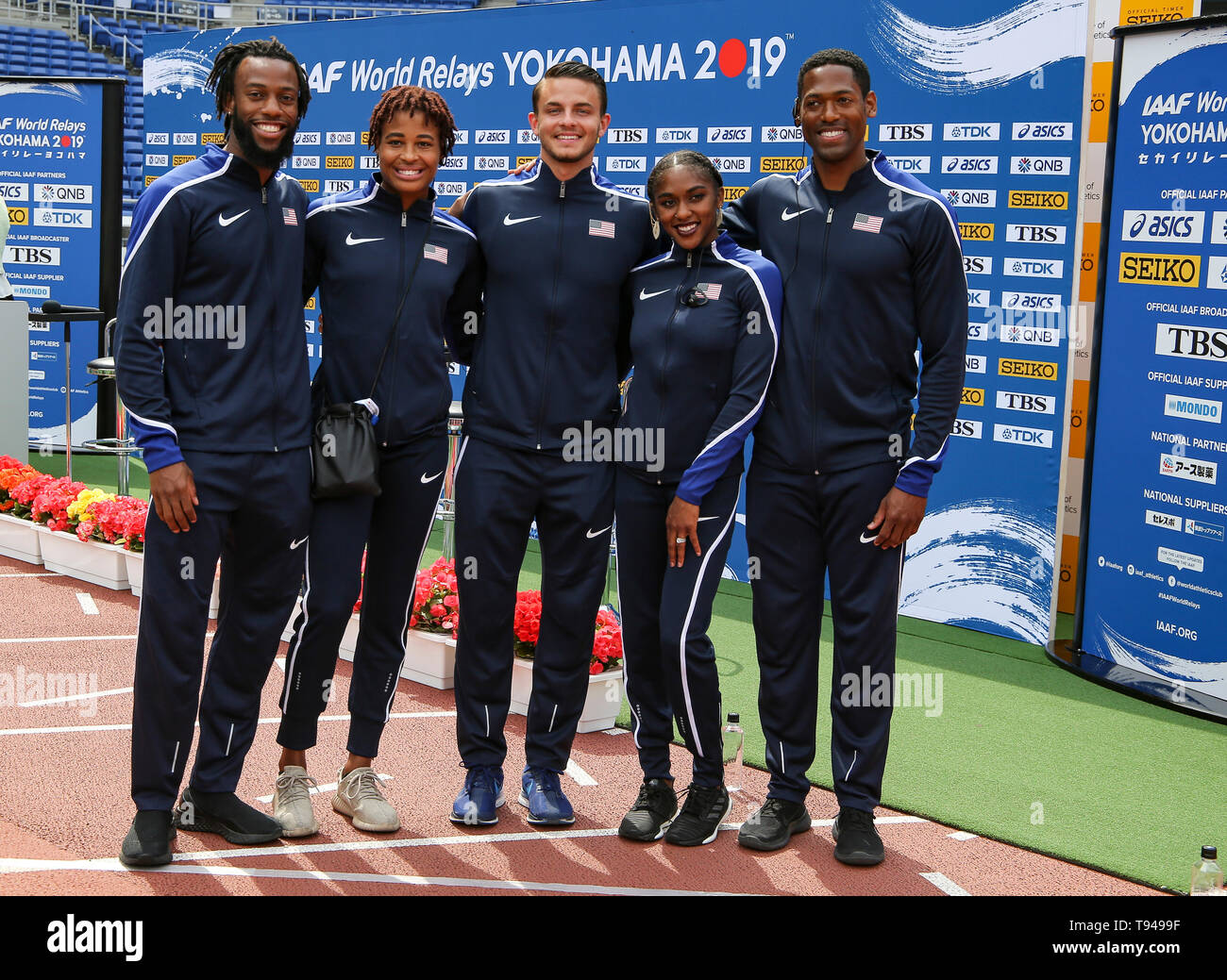 YOKOHAMA, JAPAN - MAY 10: USA’s shuttle hurdles relay team (Devon Allen ...