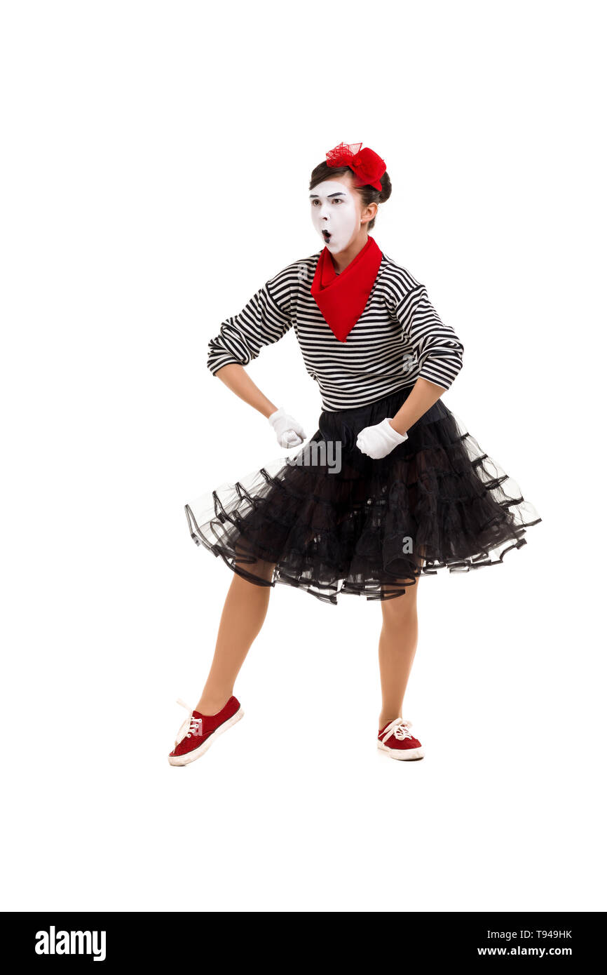 Full length portrait of angry mime woman artist looking at camera ...