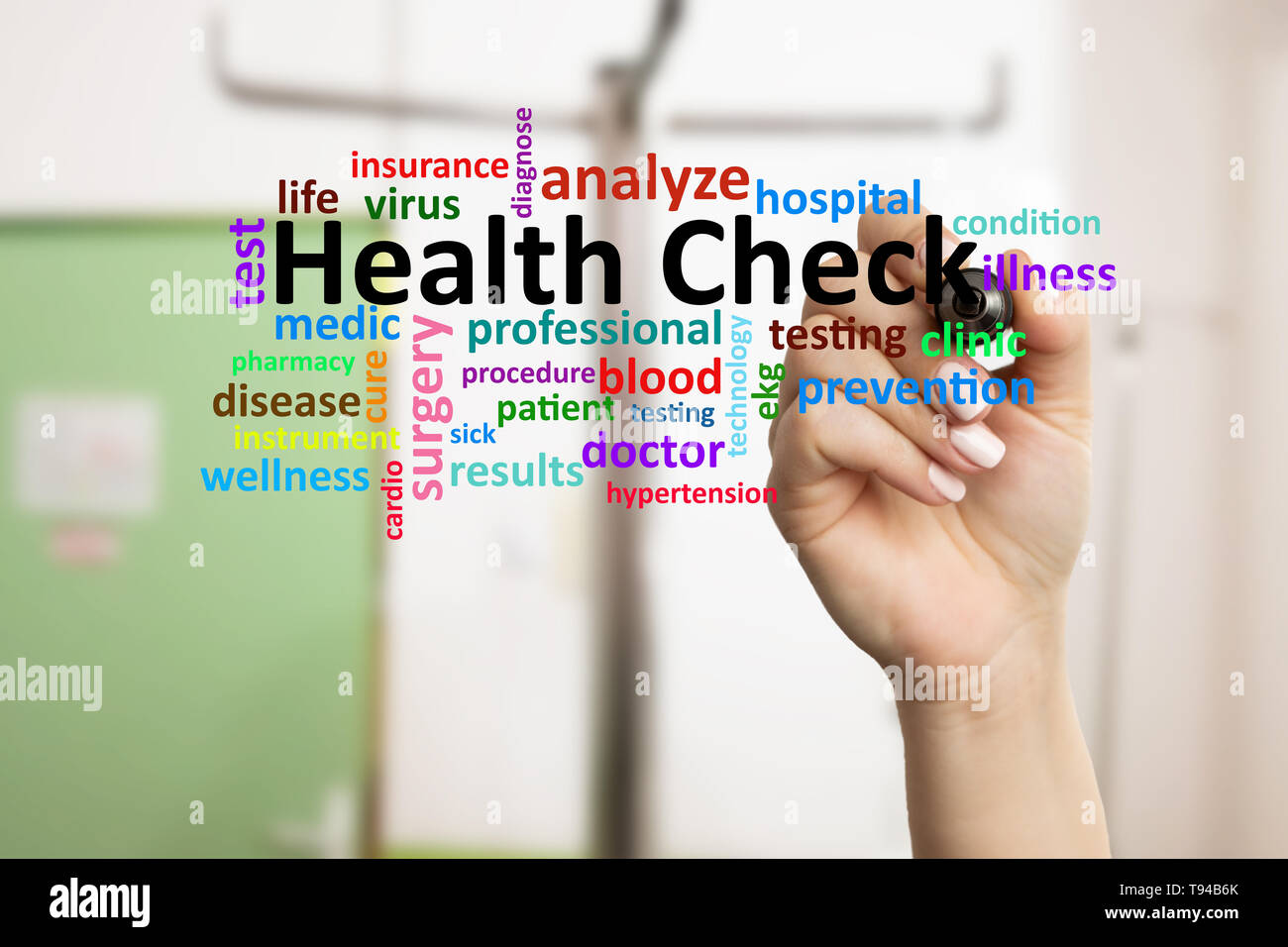 Female nurse writing health check text on transparent screen with ...