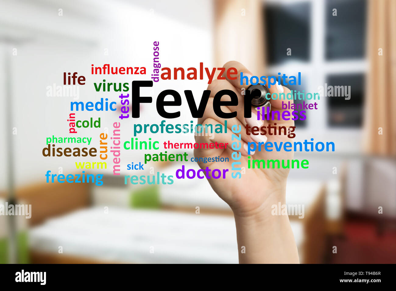 Closeup of woman nurse writing fever on invisible display with hospital ...