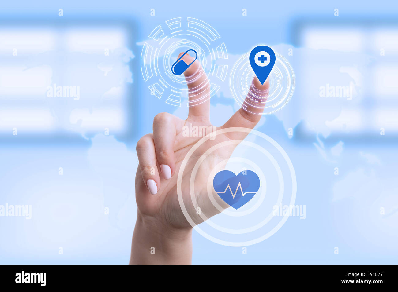 Female medic touching invisible display with fingers as modern ...