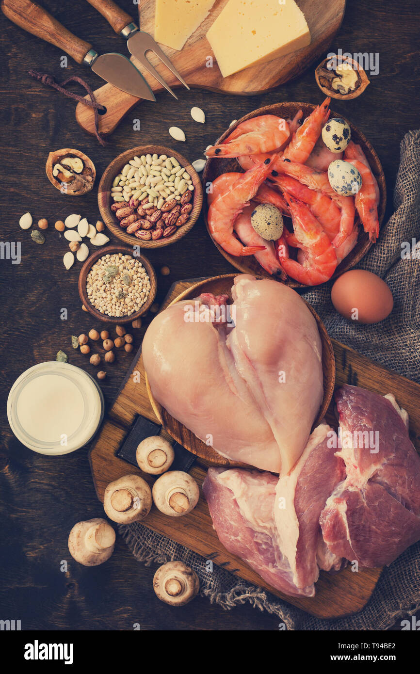 Balanced food background. Healthy eating and diet concept. Protein ...