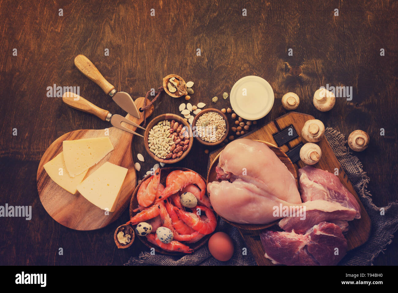 Balanced food background. Protein foods on a rustic wooden background ...