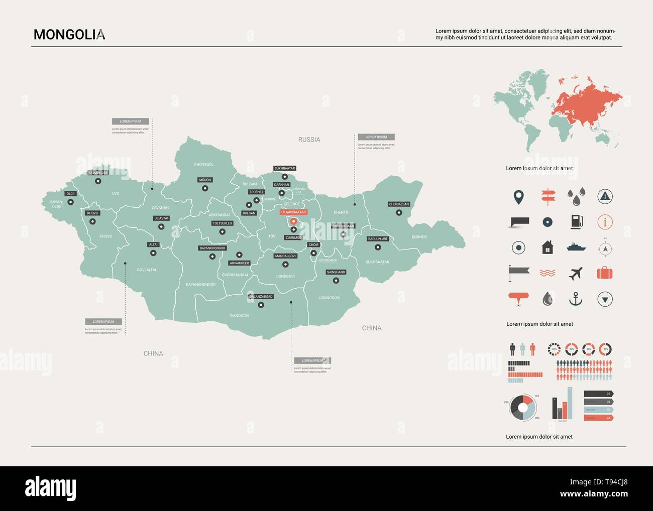 Vector map of Mongolia. Country map with division, cities and capital ...