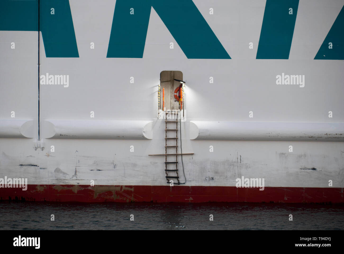 Side hatch of the Bahama Mama ferry from the Balearia company Stock ...