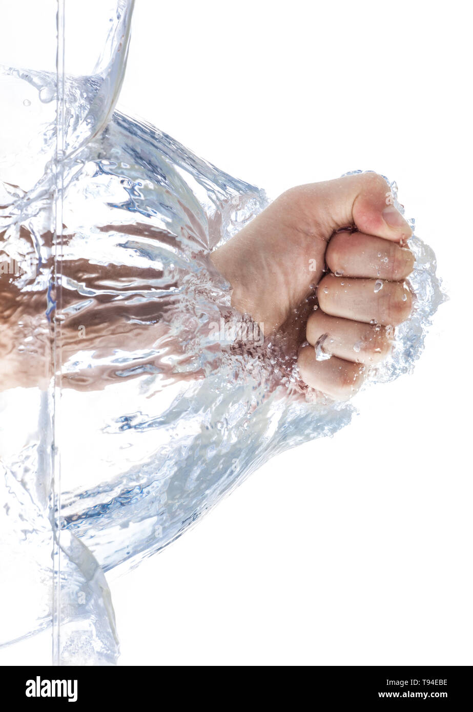 A male fist is smashing the water with waves and bubbles. Isolated on ...