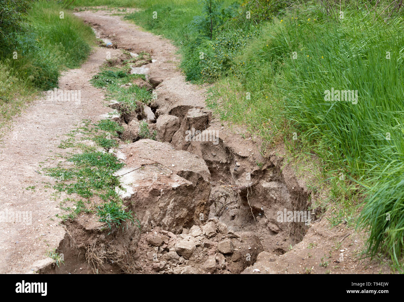 Erosion, destruction of soil on a mountain path after heavy rain among ...