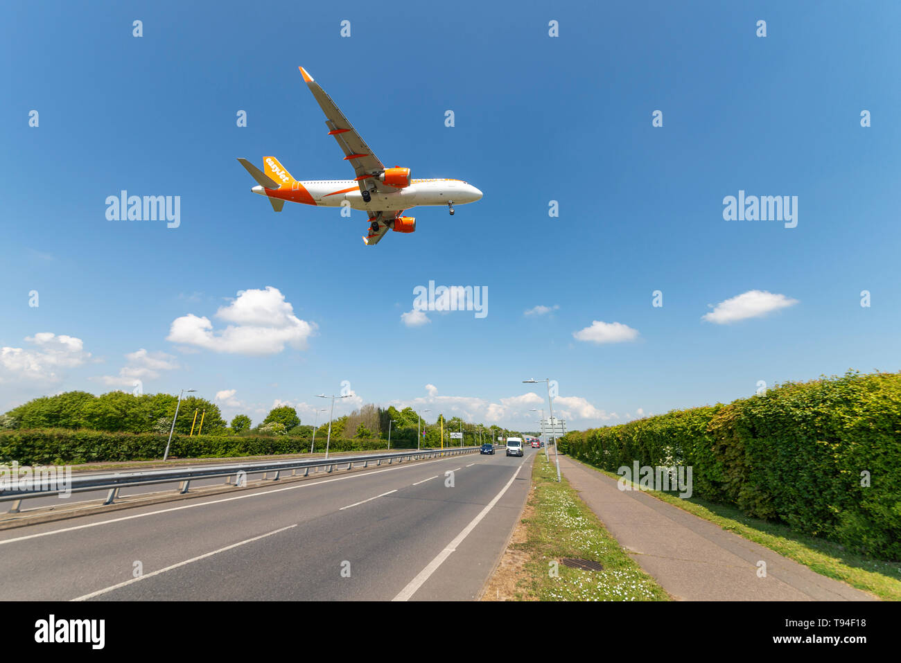 easyJet Airbus jet airliner plane on final approach to land crossing ...