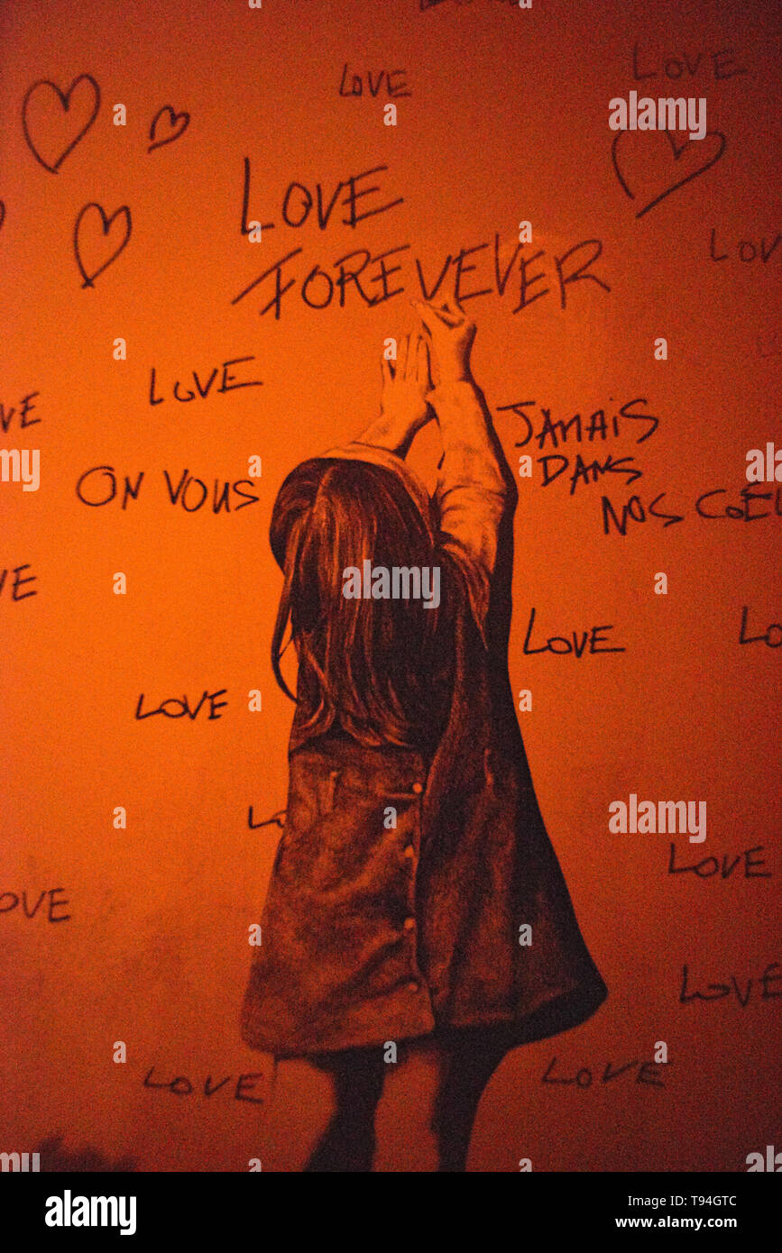 A painted murial on the wall behind the Bataclan club remembering the ...