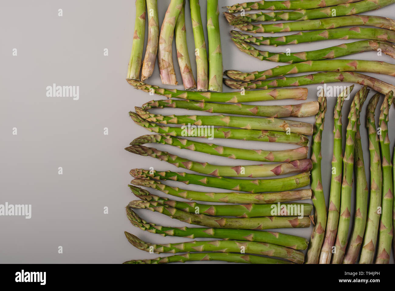 top view of green raw asparagus in rows on grey background Stock Photo ...