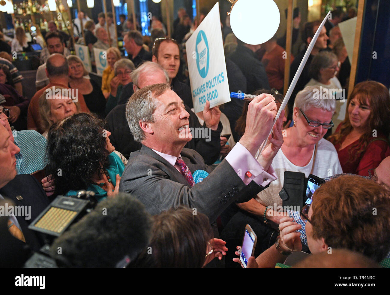 Brexit Party leader Nigel Farage at Sugar Hut in Brentwood, Essex while ...
