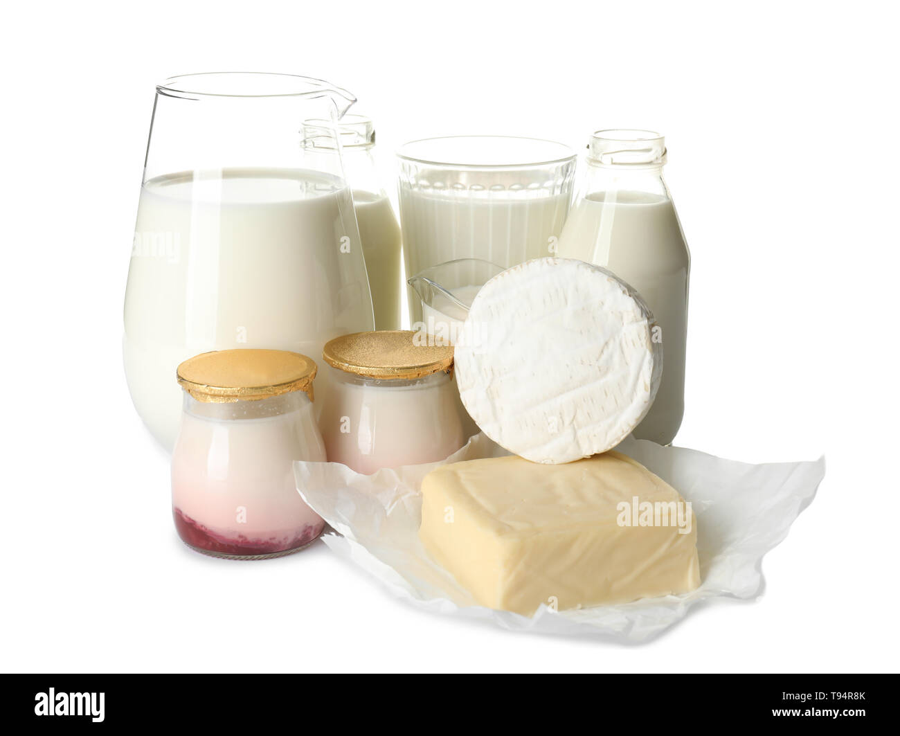 Different milk products on white background Stock Photo - Alamy