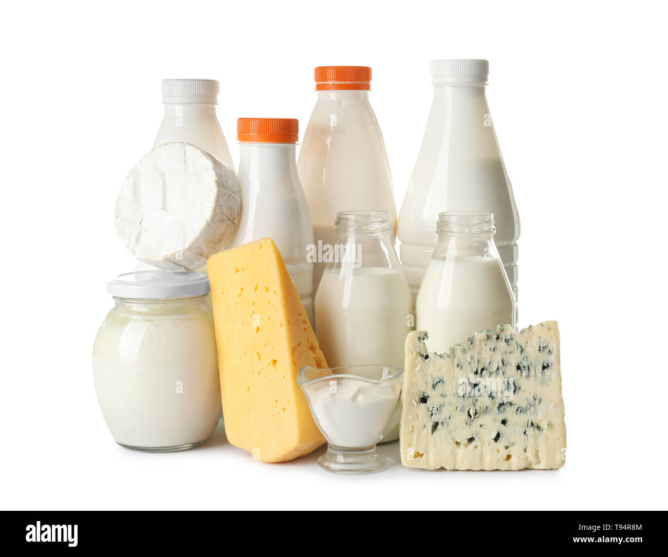 Different milk products on white background Stock Photo - Alamy