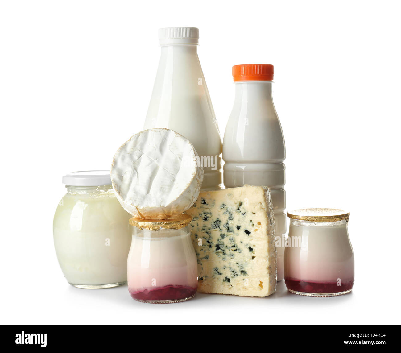 Different milk products on white background Stock Photo - Alamy