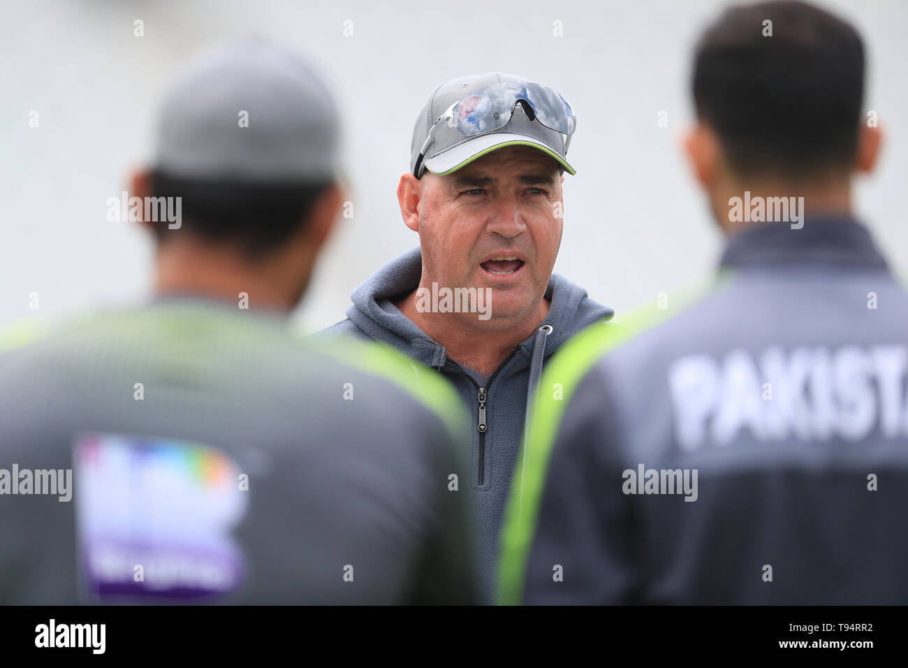 Pakistan coach Mickey Arthur addresses his team during the nets session ...