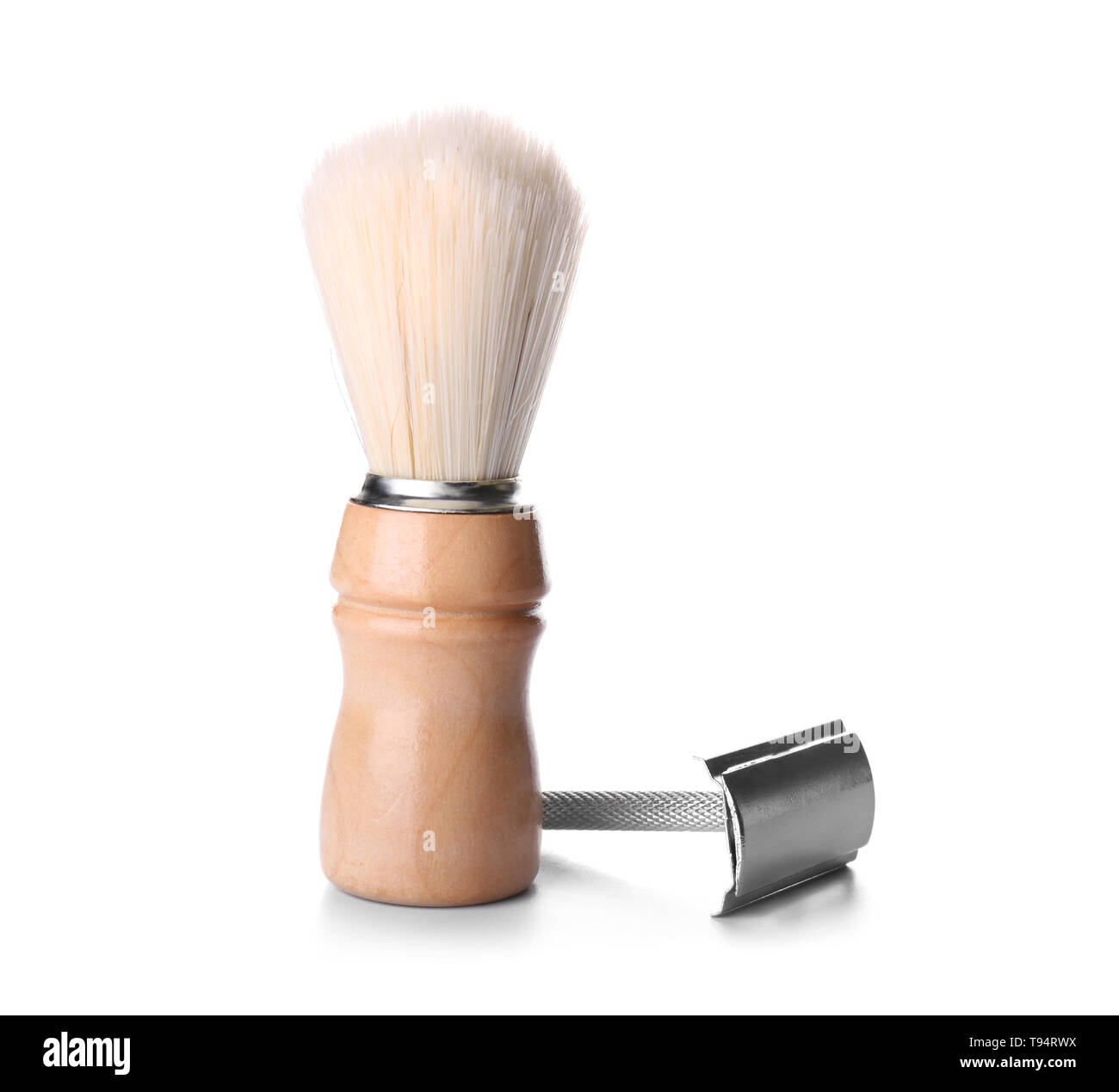 Shaving brush and razor on white background Stock Photo - Alamy
