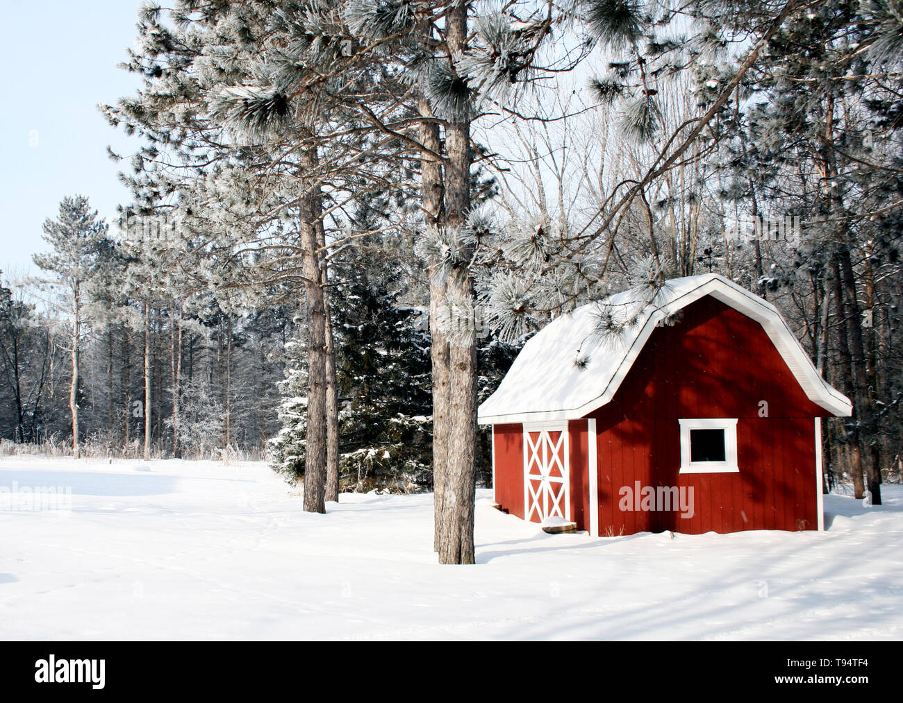 Little red barn on a snow covered winter background Stock Photo - Alamy