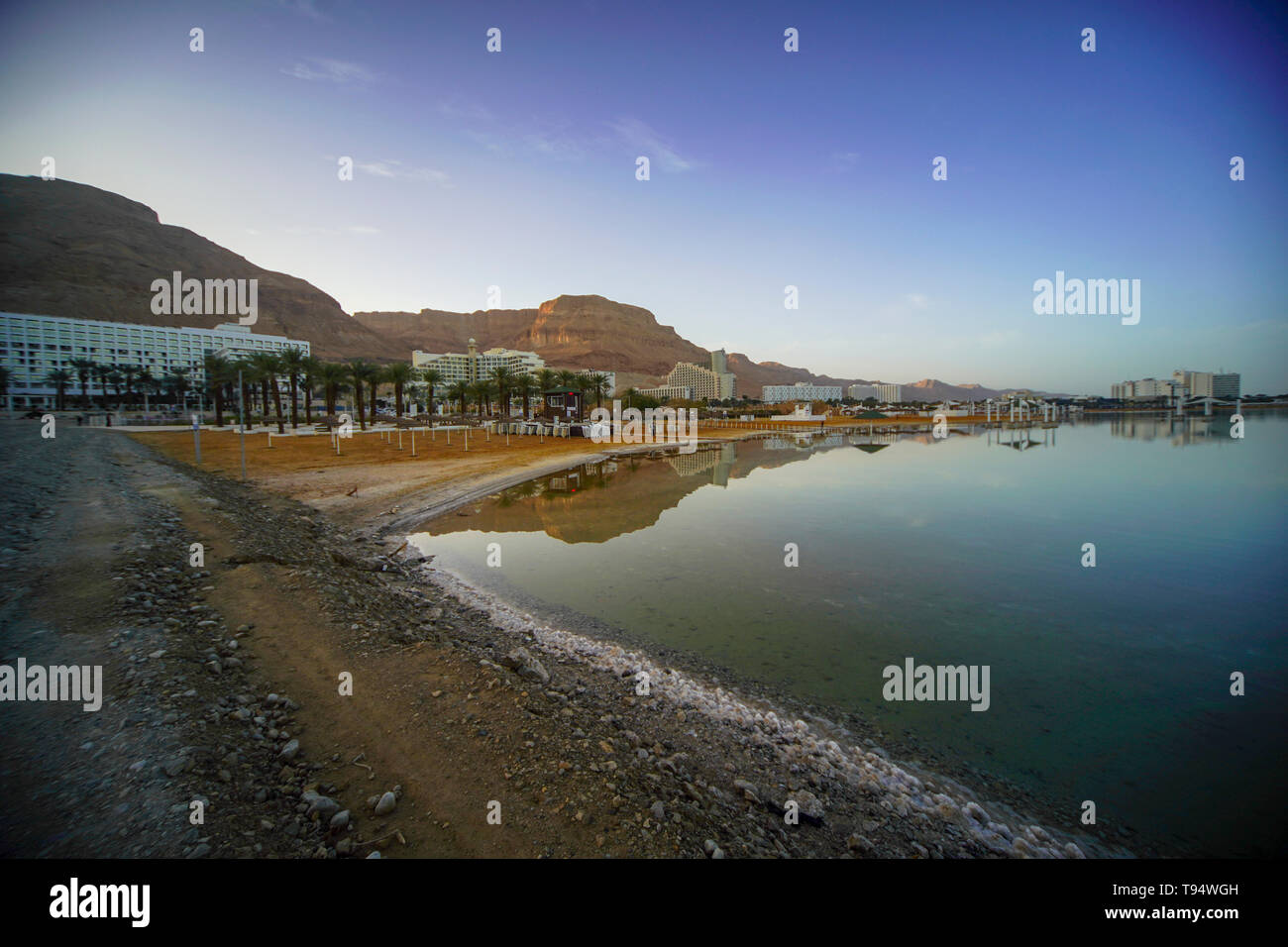 Hotels and a reflection in the Dead Sea, Israel as seen from south ...