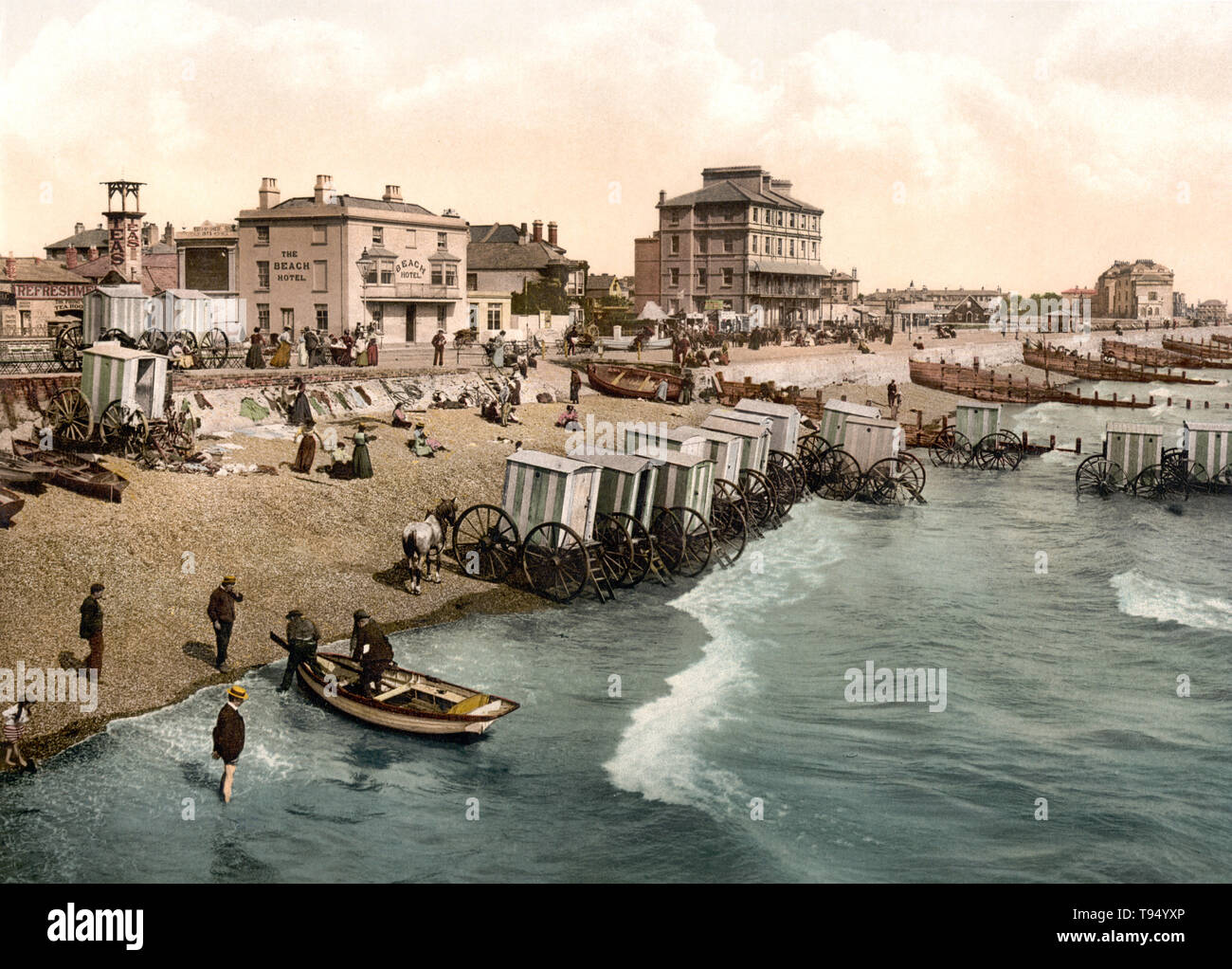 Bathing machines at edge of water in Bognor Regis, England. The bathing ...