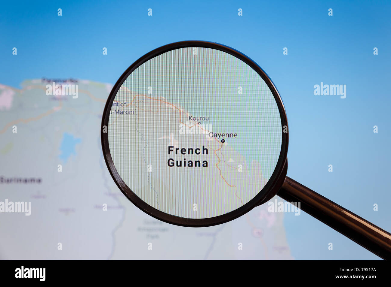 Cayenne, French Guiana. Political map. The city on the monitor screen ...