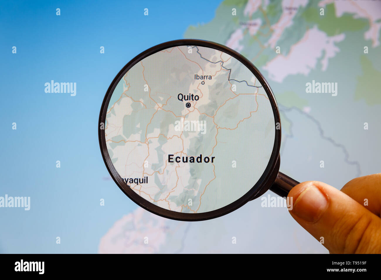 Quito, Ecuador. Political map. The city on the monitor screen through a ...