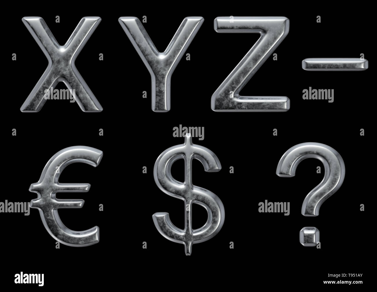 3D Render Set of Beveled Metal Alphabet, isolated on black background ...