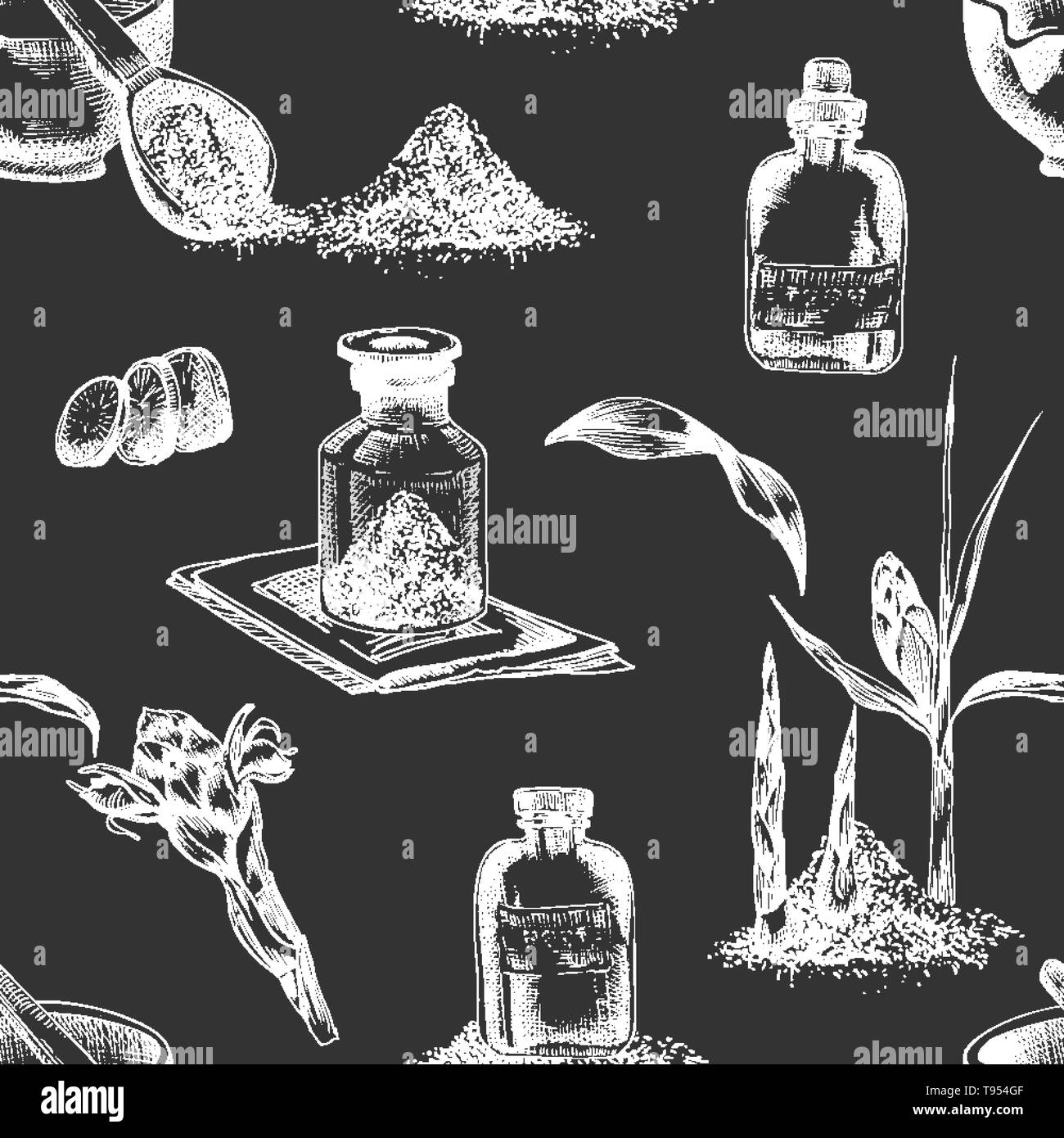 Seamless hand drawn pattern of Ginger roots, lives and flowers in chalk ...