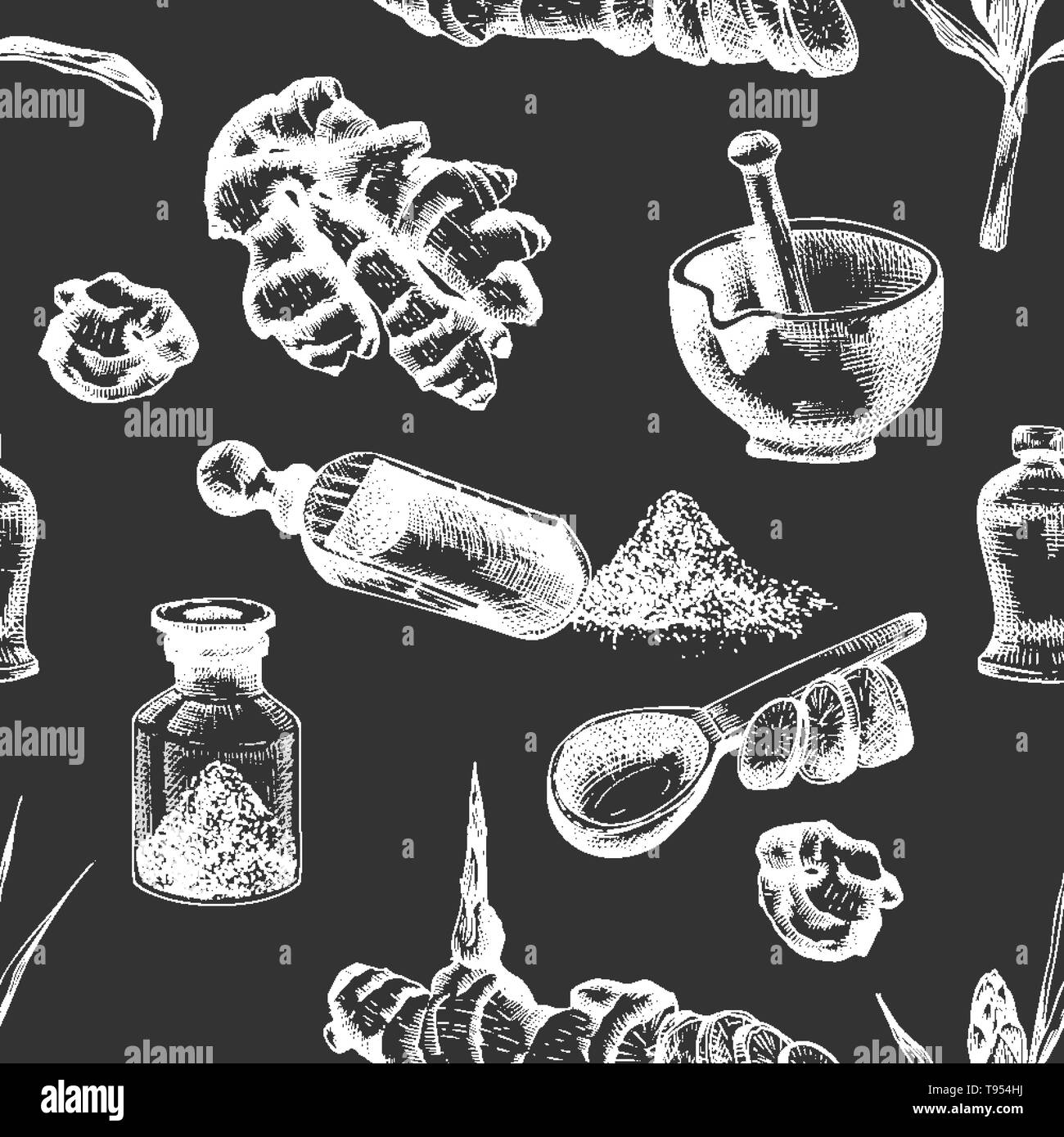 Seamless hand drawn pattern of Ginger roots, lives and flowers in chalk ...
