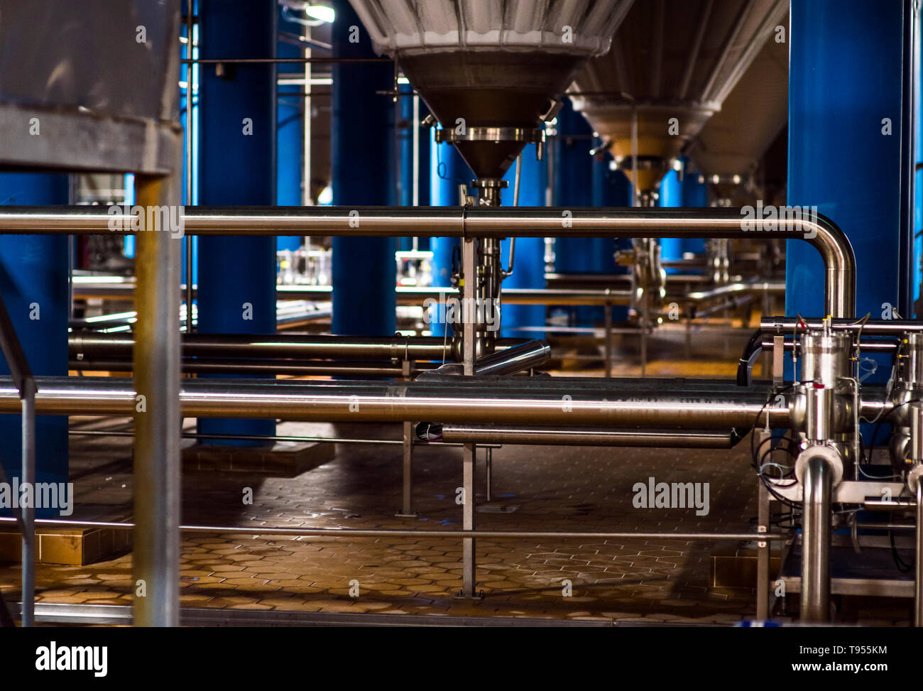 Stainless steel pipes in the factory. Construction on food production ...