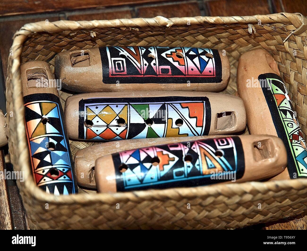 Colorful wooden music instruments for children at a market Stock Photo ...