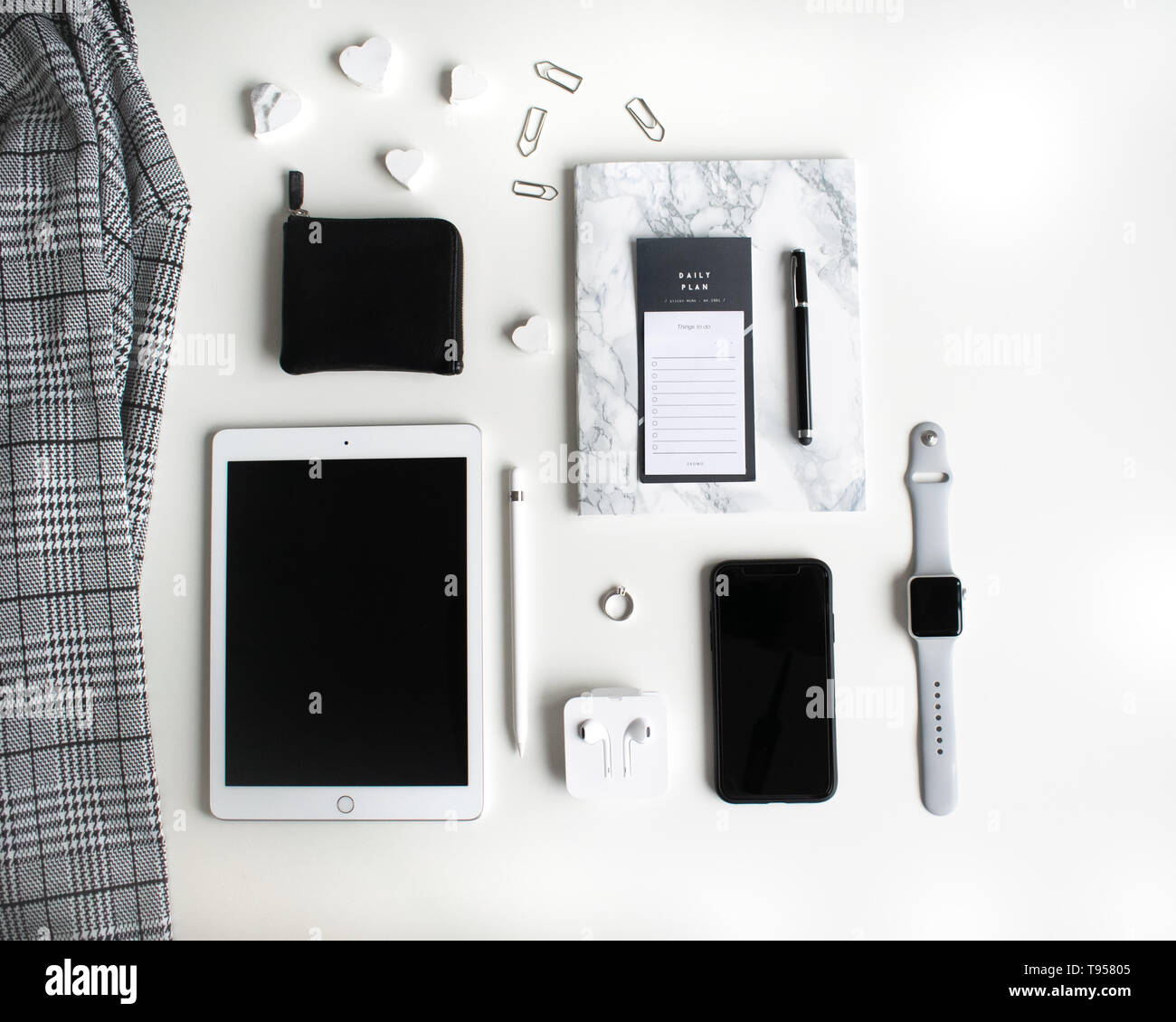 flat lay: Apple products on black and white background Stock Photo - Alamy