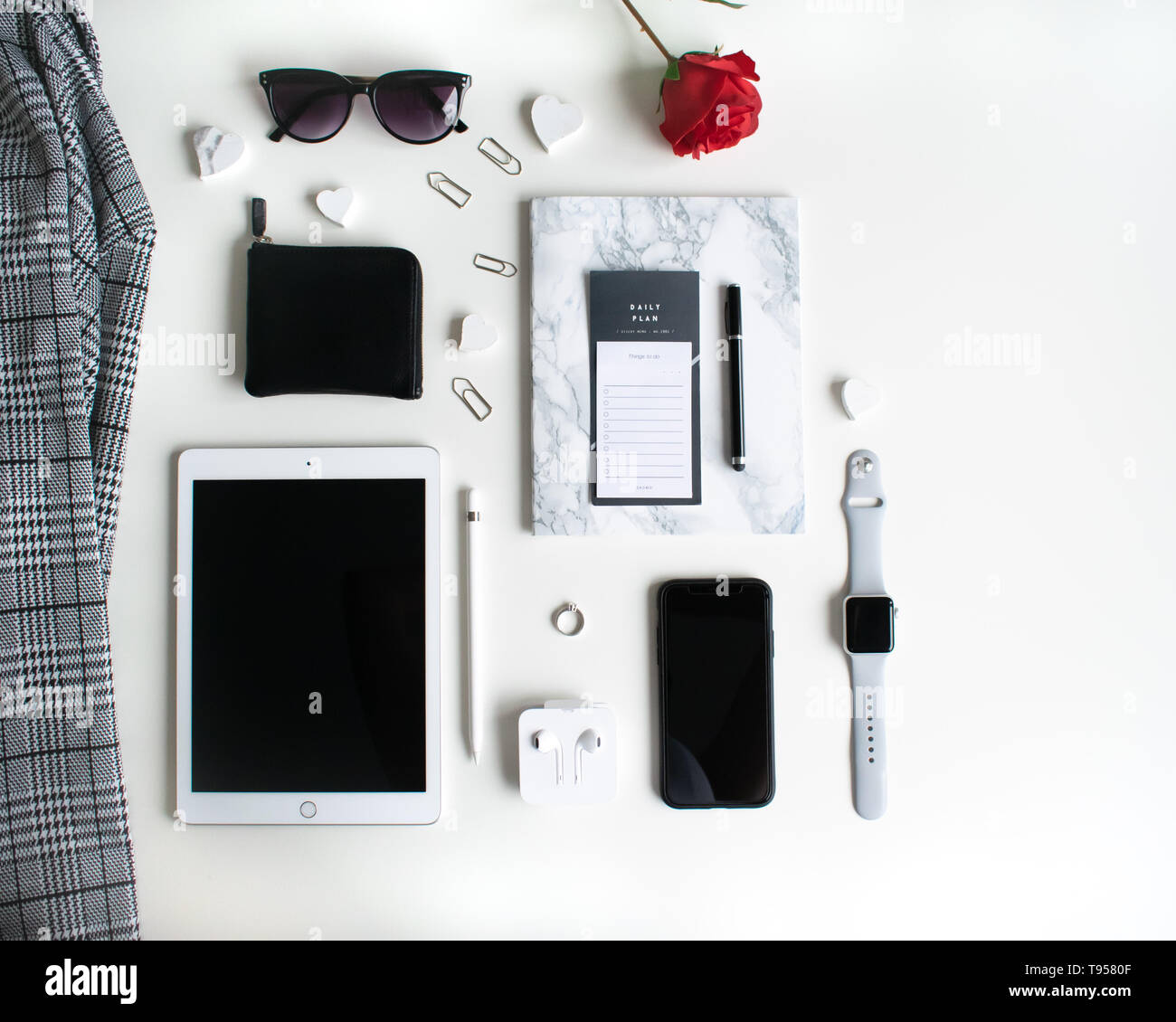 flat lay: Apple products on black and white background Stock Photo - Alamy