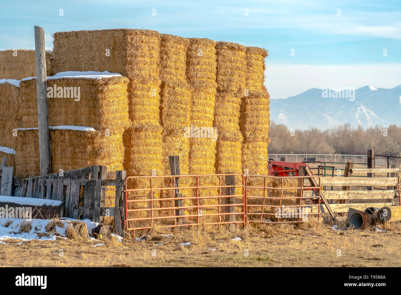 Blocks of hay piled inside a fenced area on a farm in Eagle Mountain ...