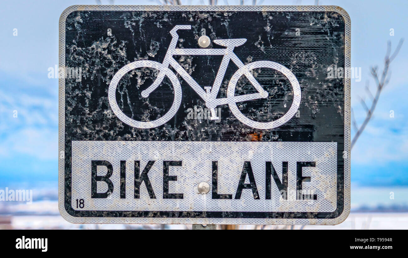 Clear Panorama Bike Lane sign post in front of a tree and snow covered ...
