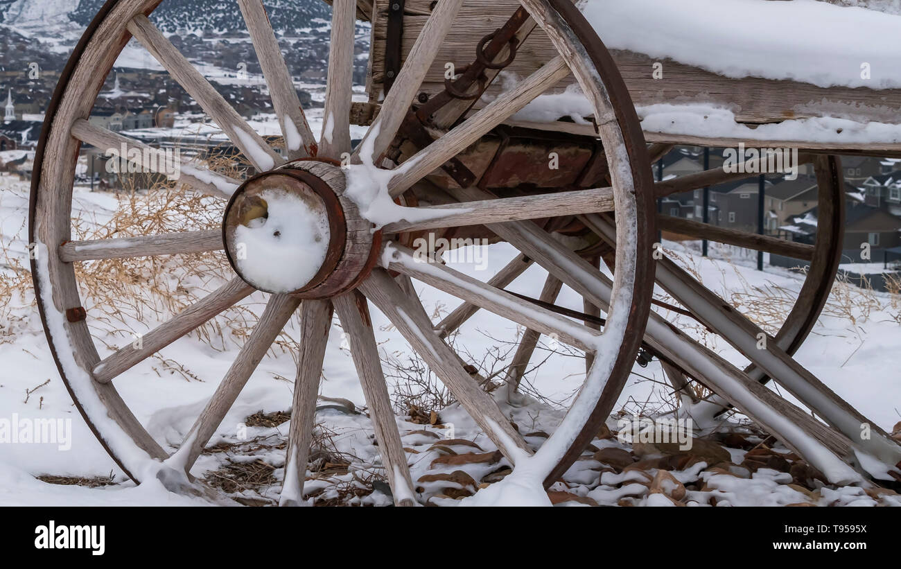 Clear Panorama Old fashioned wooden wagon with rusty wheels on a ...