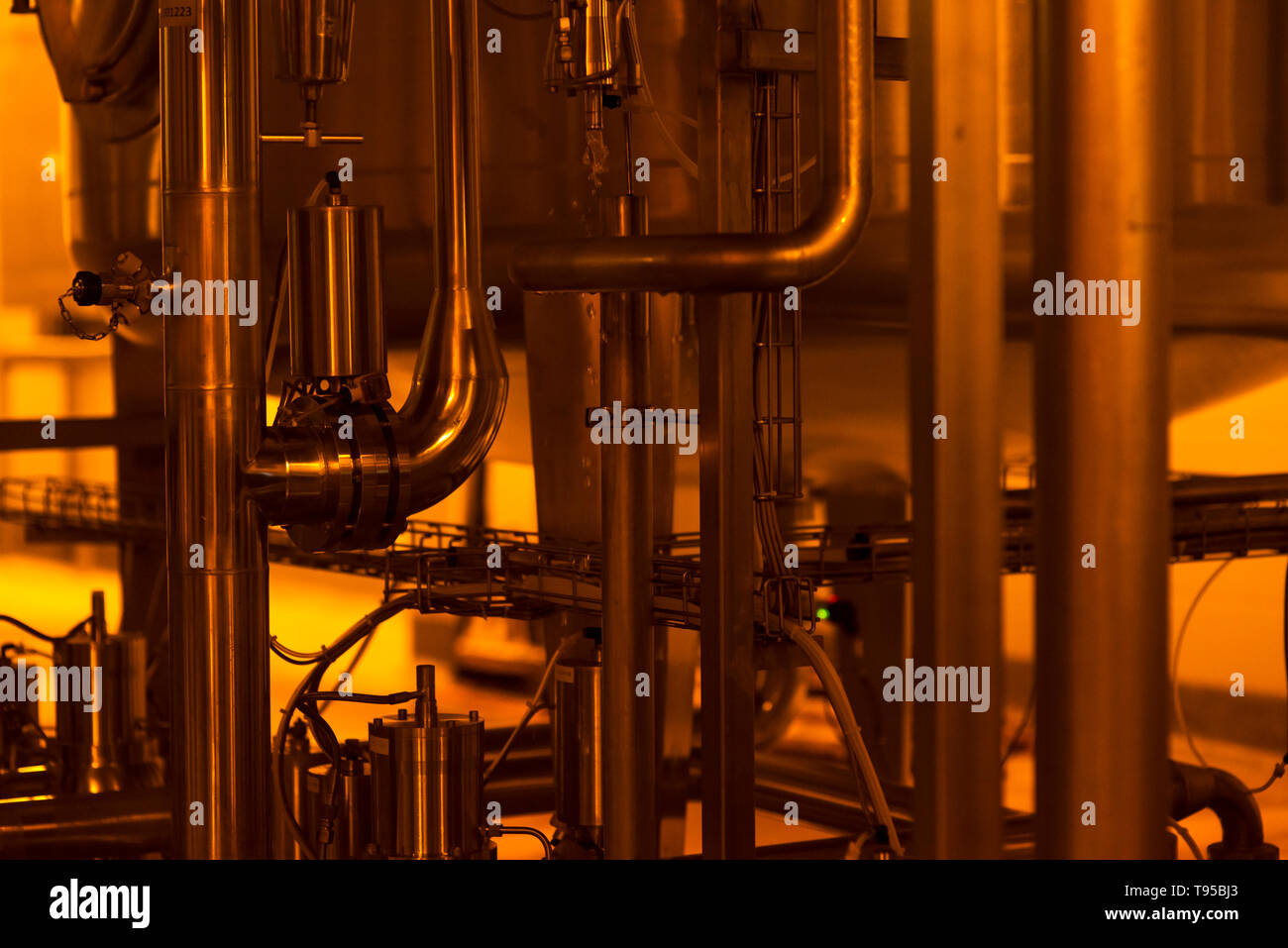 Stainless steel pipes in the factory. Construction on food production ...