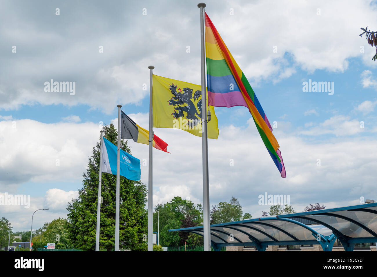 Flags of Belgium, Flanders, VDAB, and a rainbow flag Stock Photo - Alamy