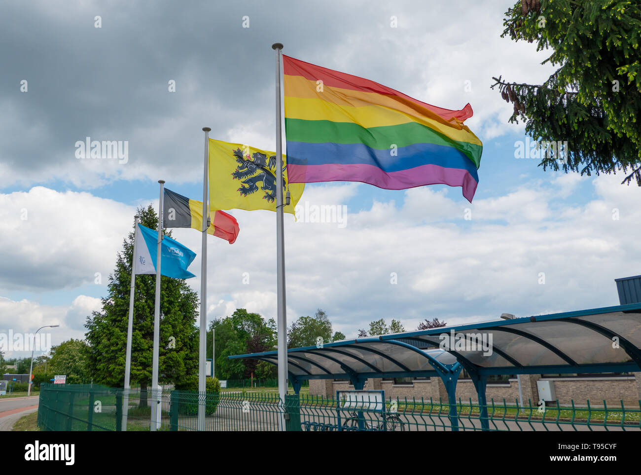 Flags of Belgium, Flanders, VDAB, and a rainbow flag Stock Photo - Alamy
