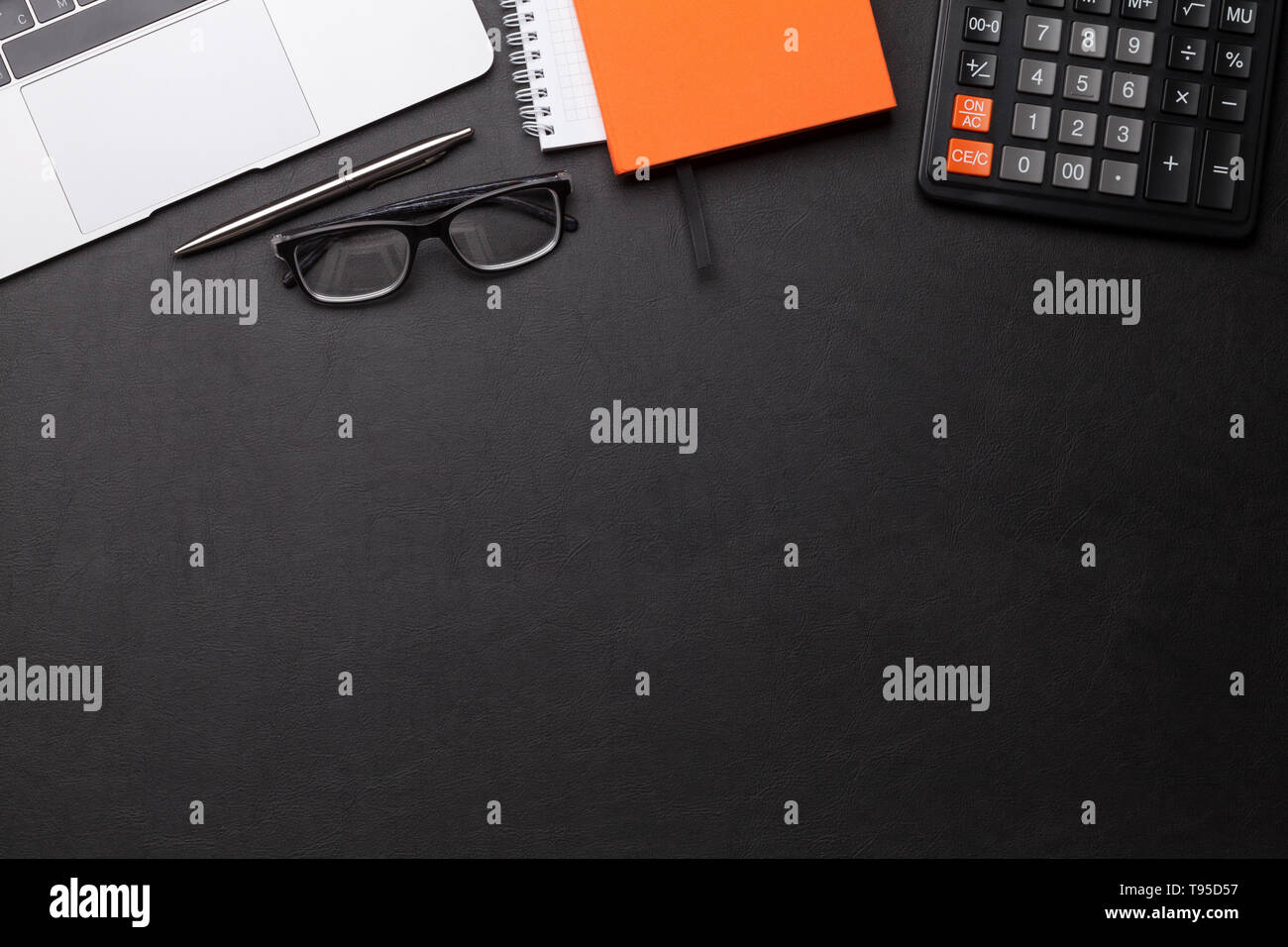 Office workplace table with supplies and computer. Flat lay. Top view ...