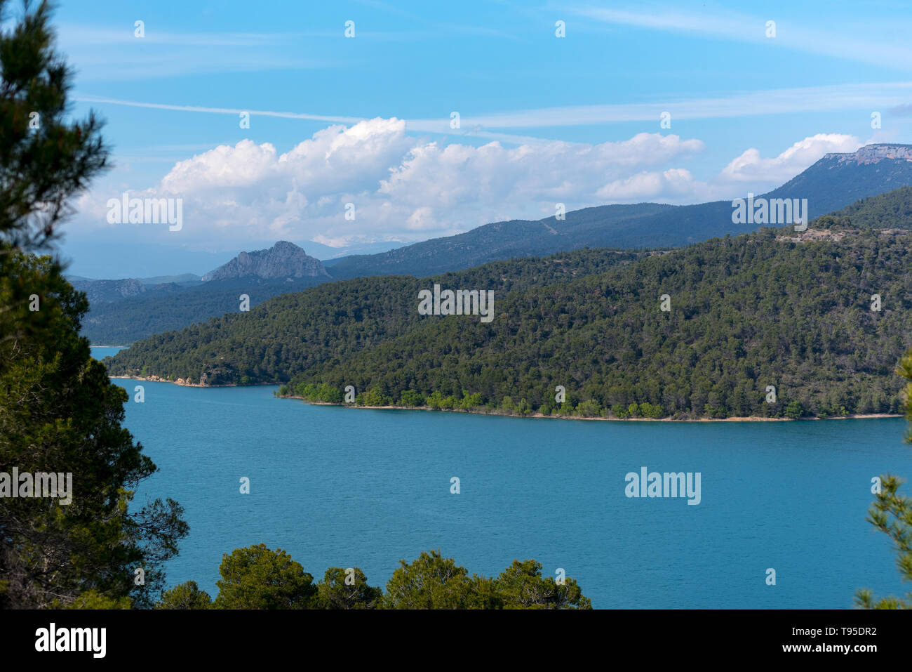View of the Shrine of Torreciudad from El Grado dam, Aragon, Spain ...
