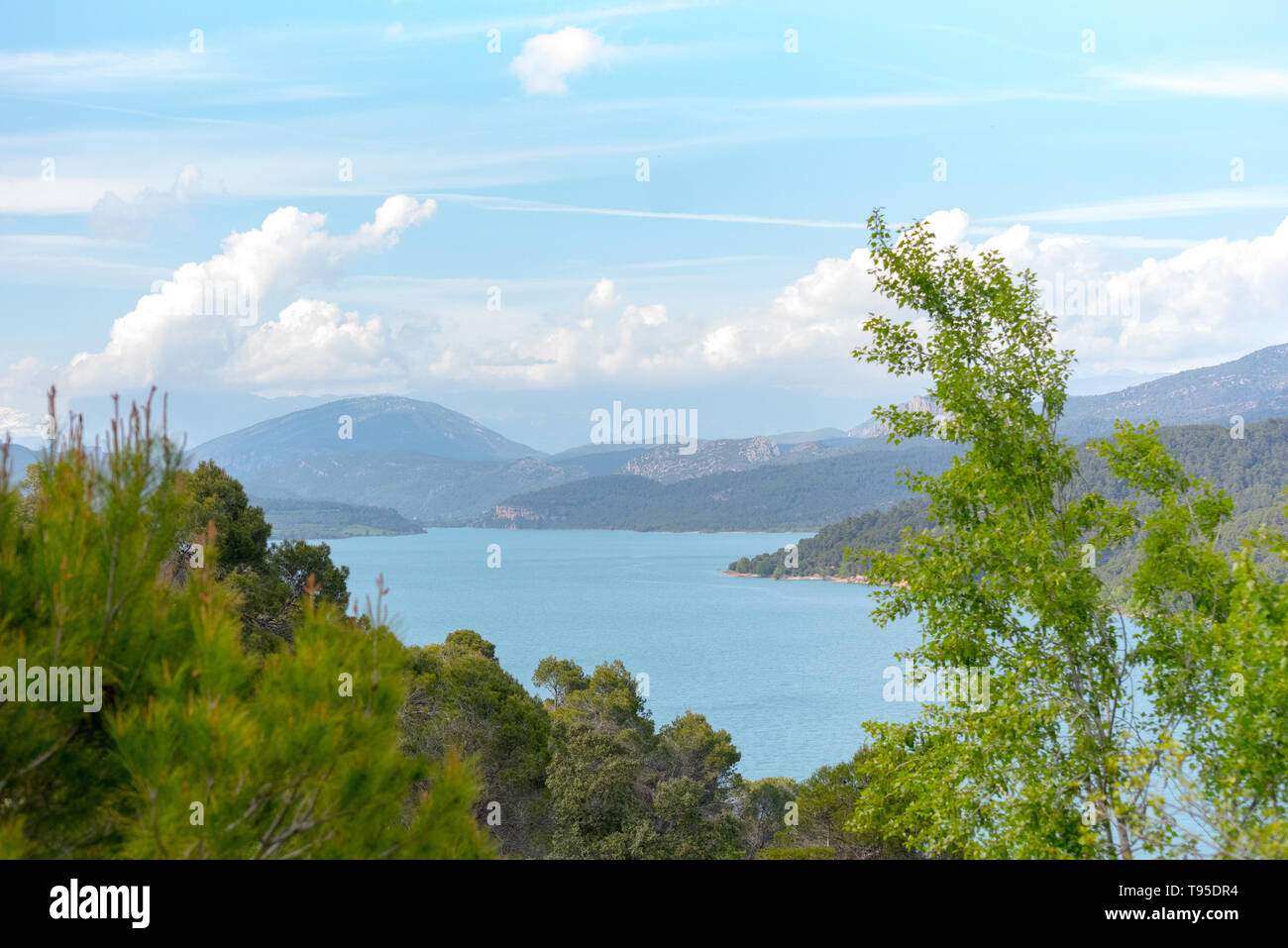 View of the Shrine of Torreciudad from El Grado dam, Aragon, Spain ...