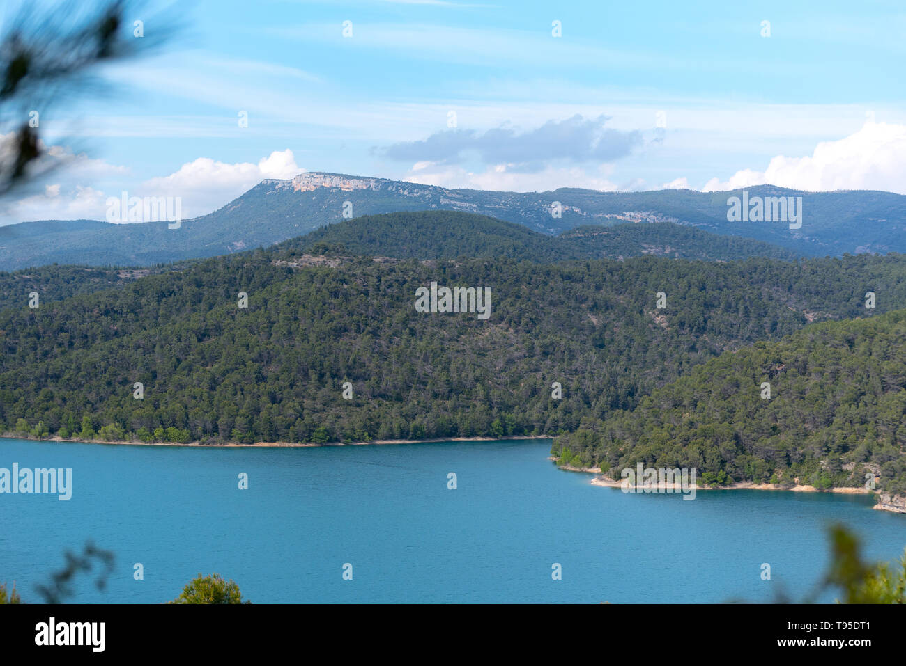 View of the Shrine of Torreciudad from El Grado dam, Aragon, Spain ...
