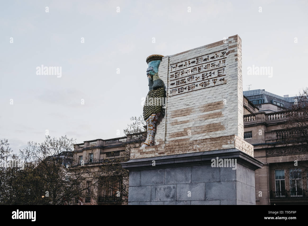 London, UK - April 14, 2019: A recreation of an ancient winged bull ...