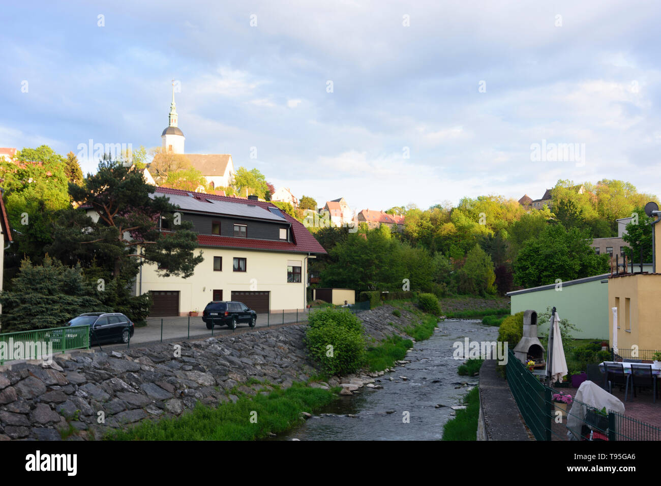 Dohna: river Müglitz, church in Erzgebirge, Ore Mountains, Sachsen ...