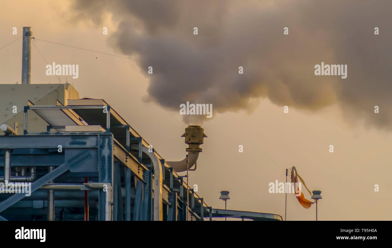 Panorama Smokestack of a Power Plant in Utah Valley releasing steam ...