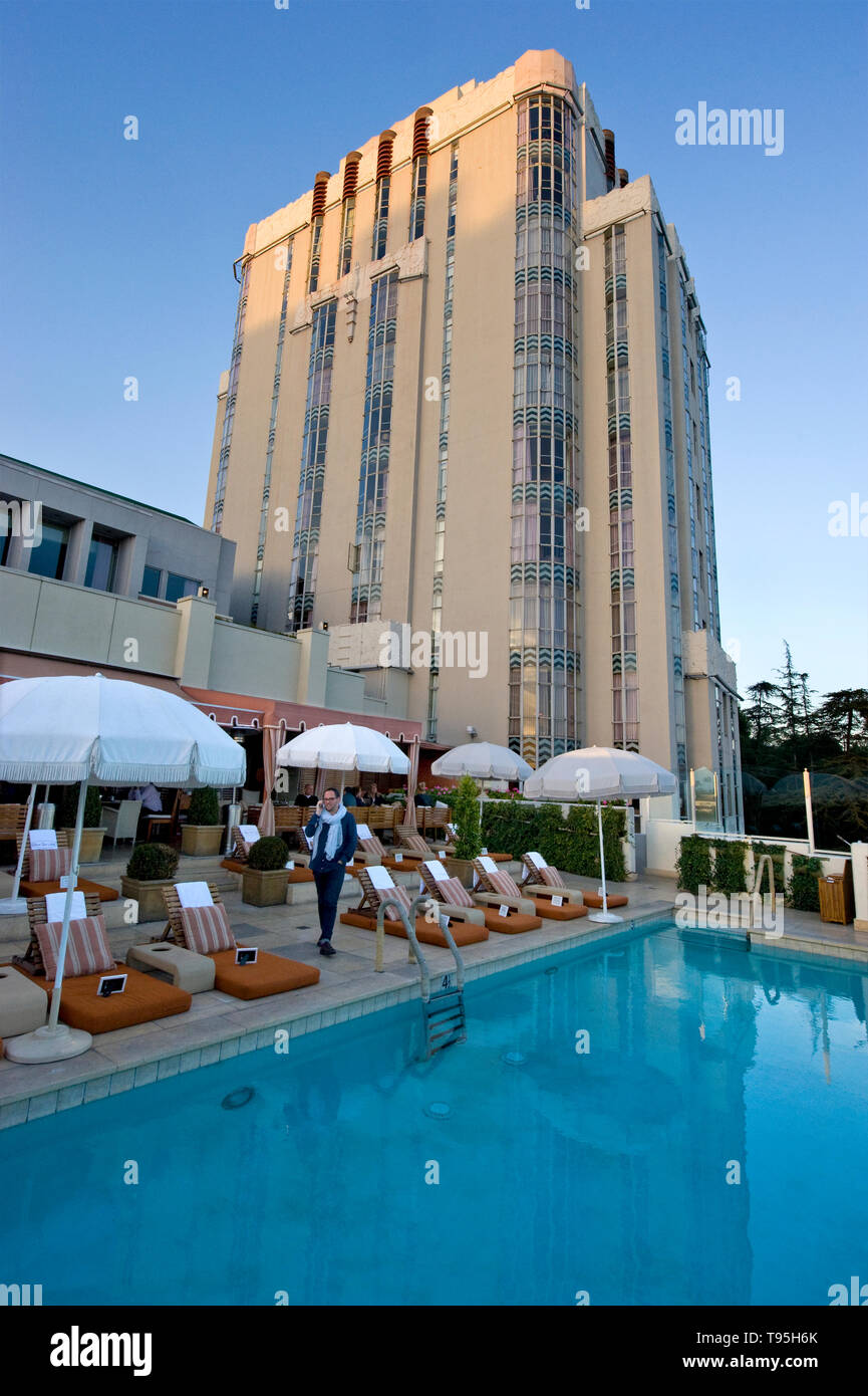 Poolside at the Art Deco era Sunset Tower Hotel on the Sunset Strip in ...